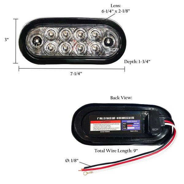 Trailer Light - 6" Oval Stop/Turn/Tail Light - Clear Lens/10 Red LEDS ...