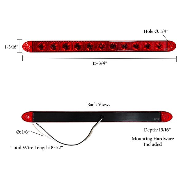 Trailer Light Bar- 16" Marker Light - Red Lens /3 Superflux Red LEDS ...